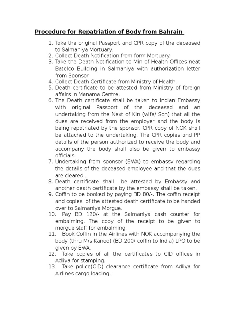 Procedure For Repatriation of Body From Bahrain | PDF