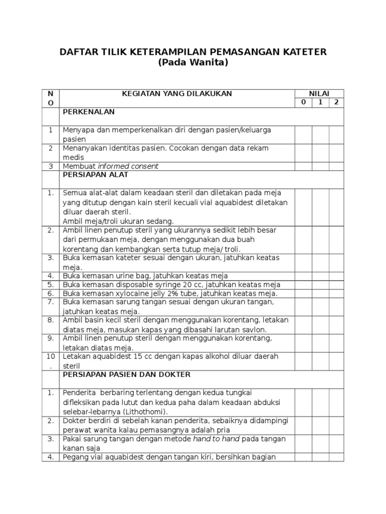 Daftar Tilik Keterampilan Pemasangan Kateter Wanita | PDF