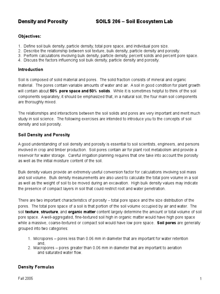 Density and Porosity SOILS 206 - Soil Ecosystem Lab: Objectives | PDF