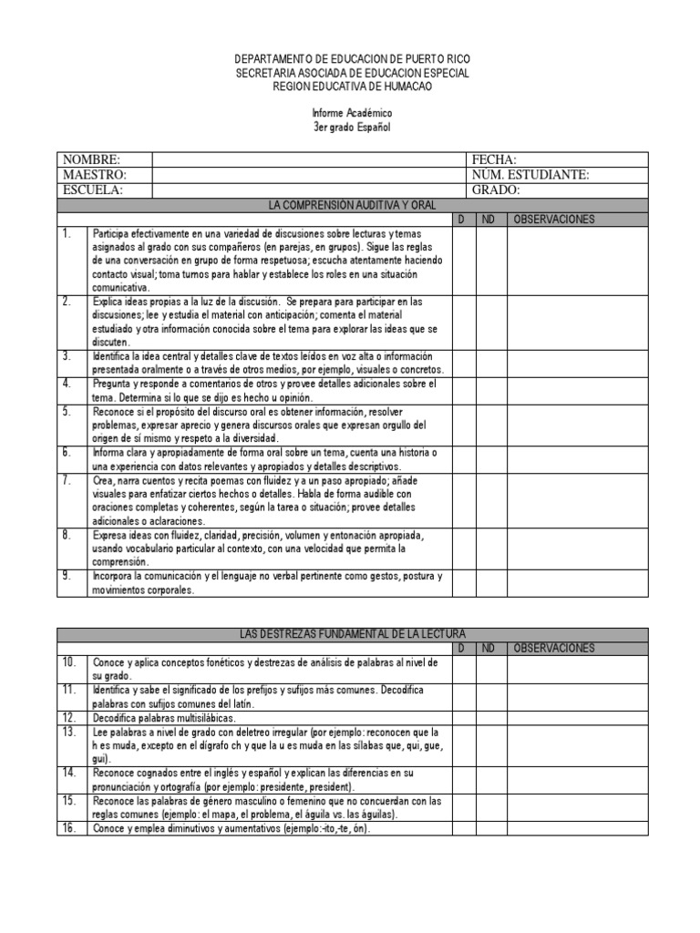Informe Academico Espanol Tercer Grado PDF | PDF | Palabra | Verbo