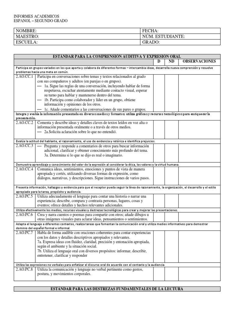 Informes Academicos Segundo Grado Espanol PDF | PDF | Palabra | Lectura ...