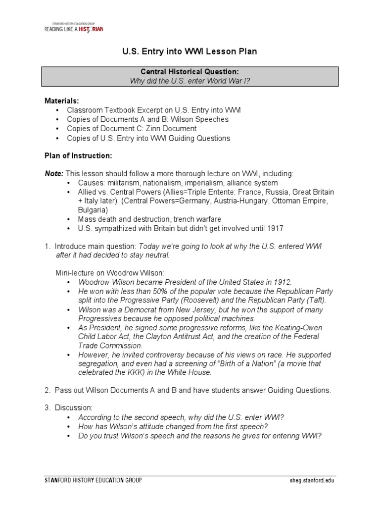 U S Entry Into Wwi Lesson Plan | PDF | Woodrow Wilson | World War I