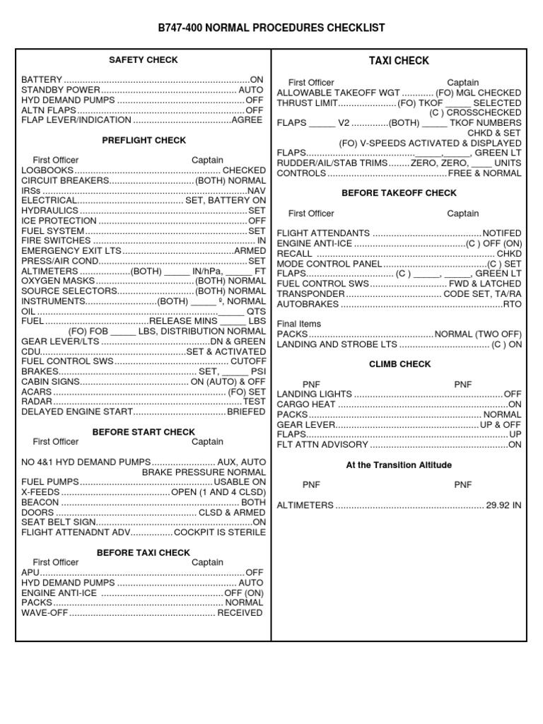 B747-400 Normal Procedures Checklist | PDF | Transponder (Aeronautics ...