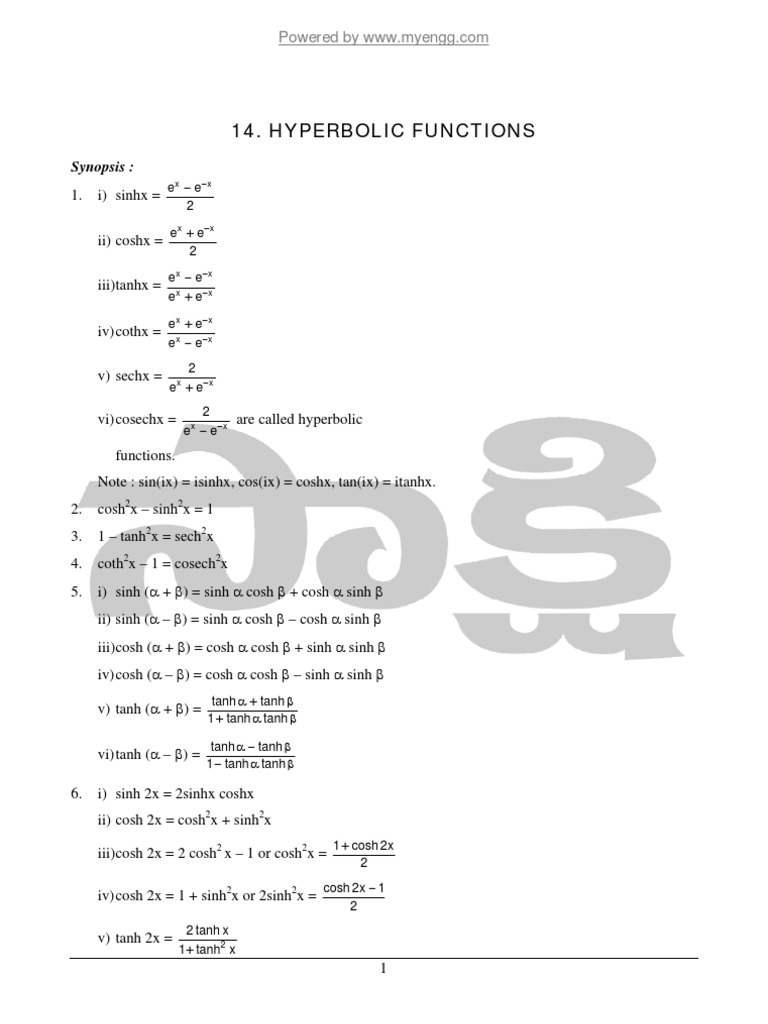 Hyperbolic Functions and Identities | PDF