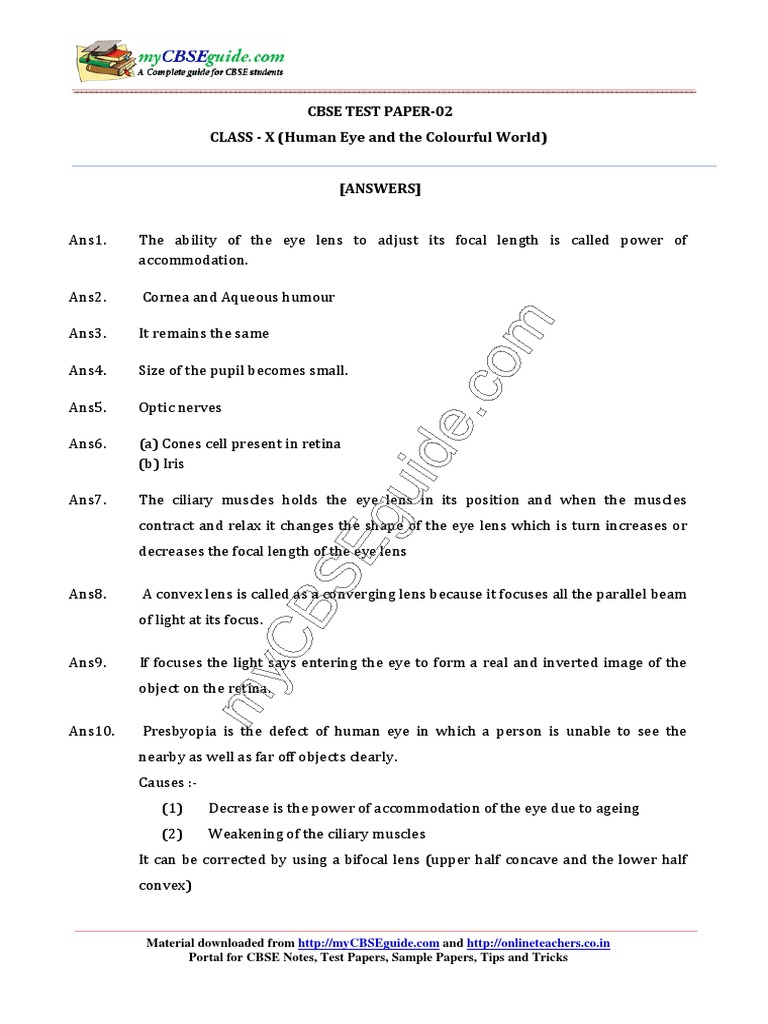 Class 10 Human Eye Test Paper Answers | PDF | Science & Mathematics