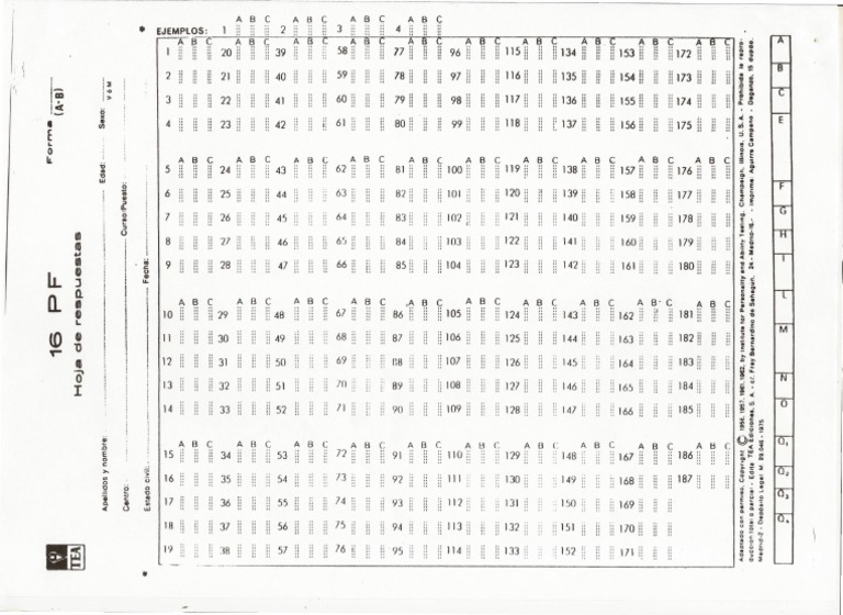 16Pf Hoja de Respuestas