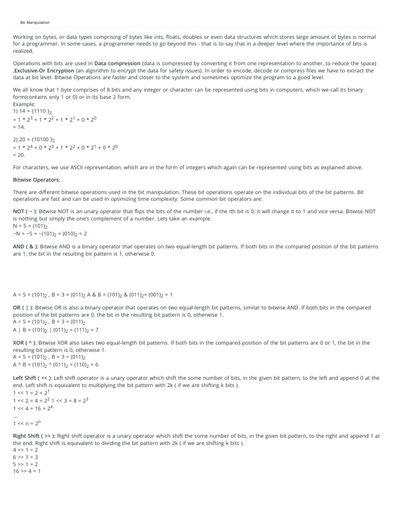 Bit Manipulation - HackerEarth | PDF | Mathematical Notation | Computer Architecture