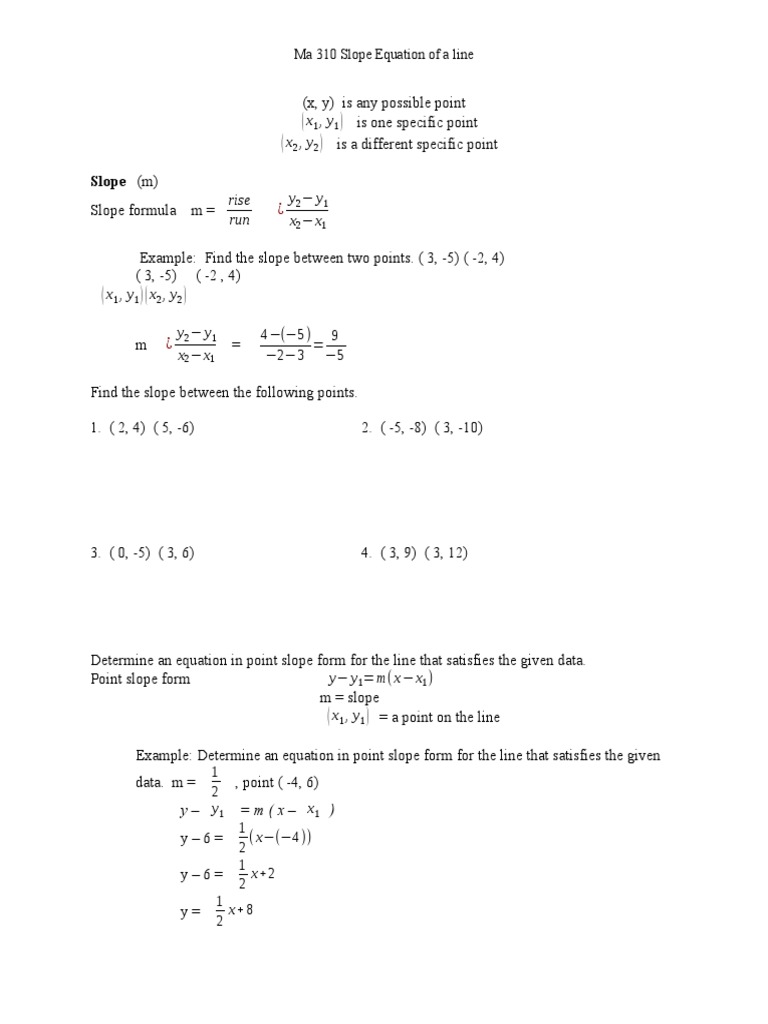 Slope Equation of Line Worksheet | PDF
