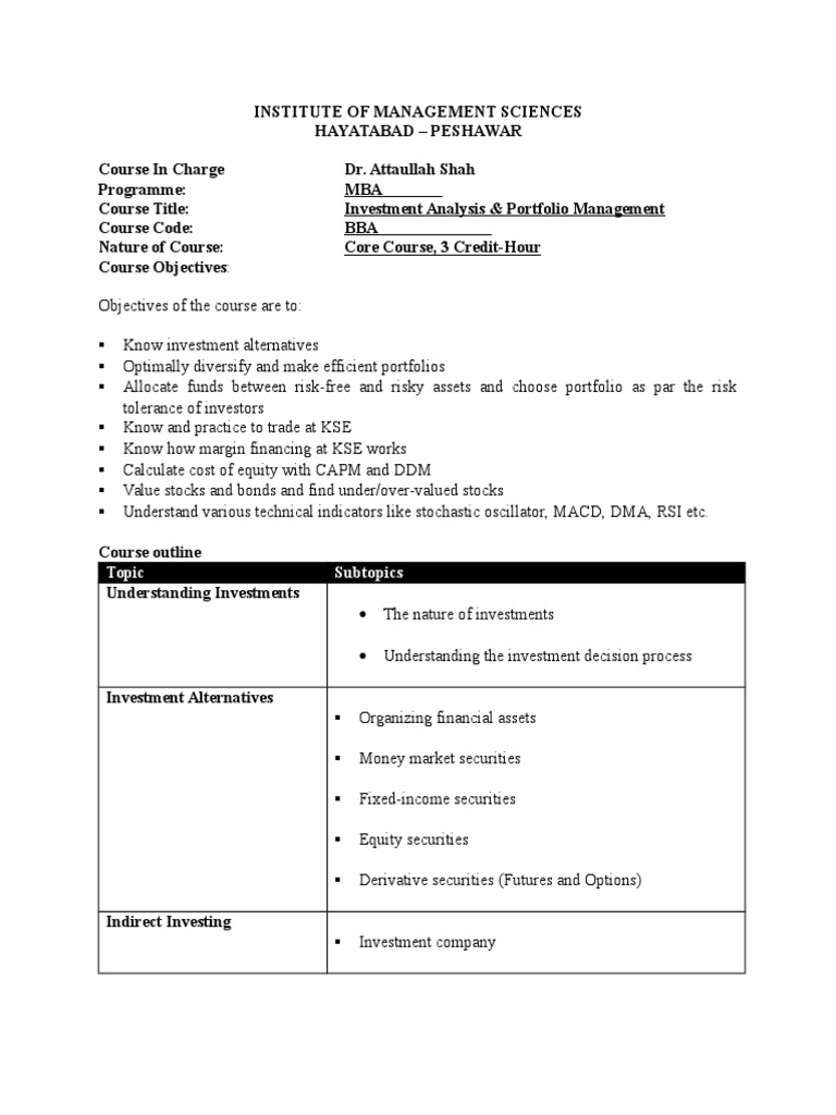 Course Outline - Investment Analysis and Portfolio Management | PDF ...