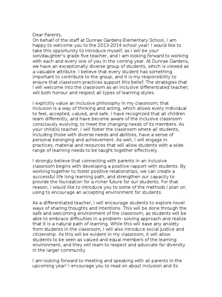 Inclusive Letter To Parents | PDF | Inclusion (Education) | Classroom