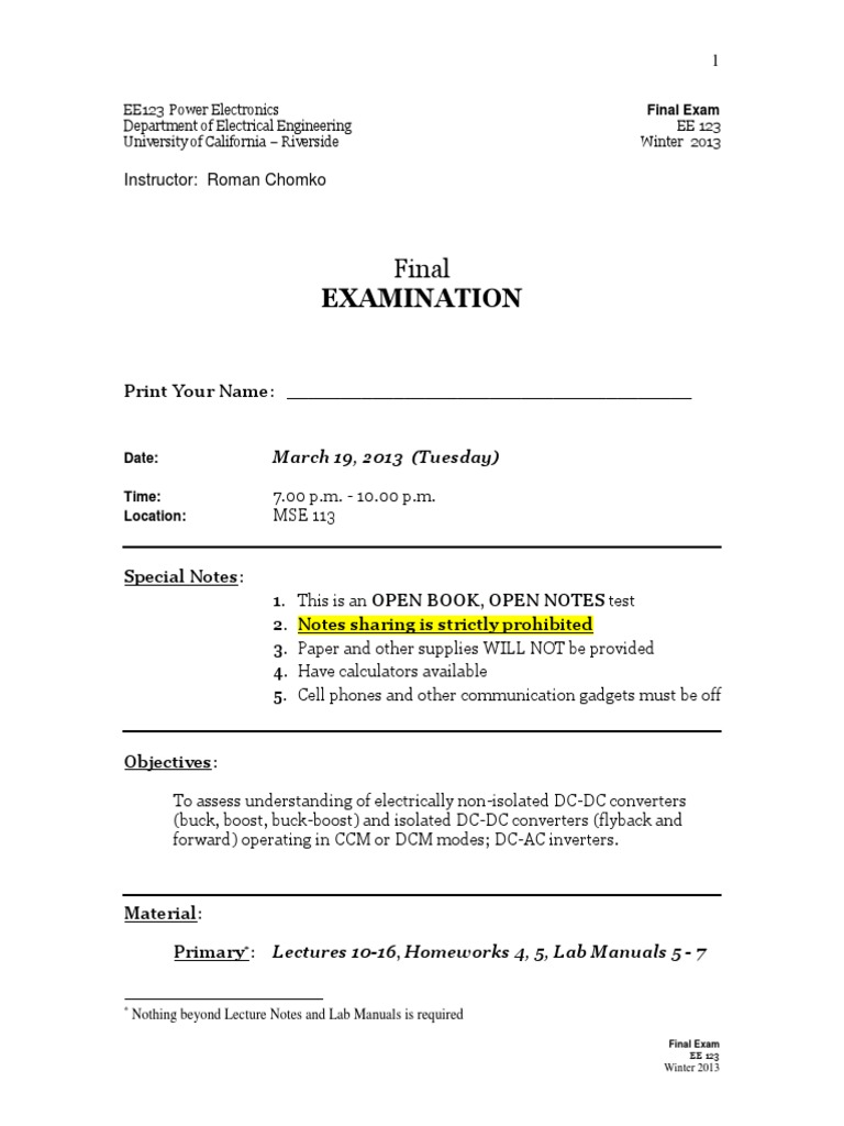Ee123 Final Examination 13W | PDF | Power Electronics | Electrical ...