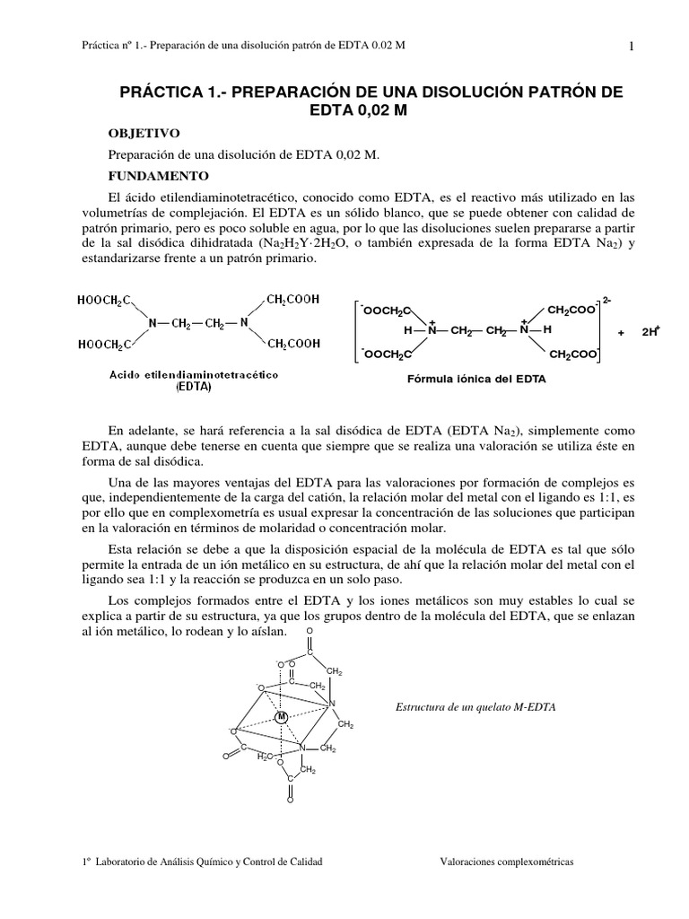 PR CTICA 1. - Preparaci N de Una Disoluci N EDTA 0.02 M | PDF | Ácido ...