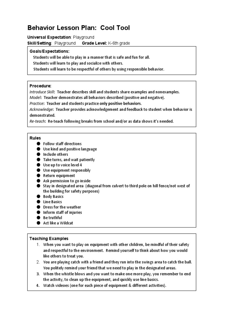 Behavior Lesson Plan: Cool Tool: Universal Expectation Skill/Setting ...