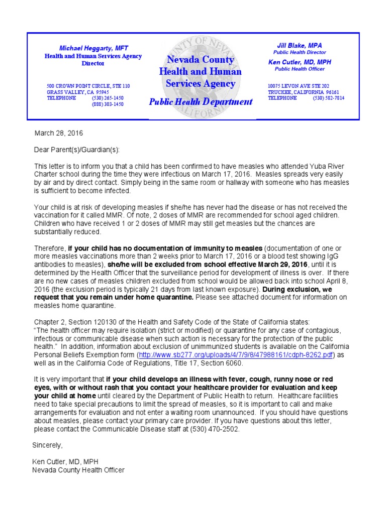 Measles Exposure Notification for Parents | PDF | Measles | Quarantine