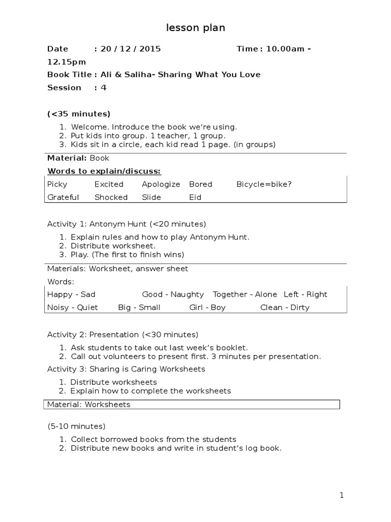 Book Club Lesson Plan: Sharing is Caring | PDF