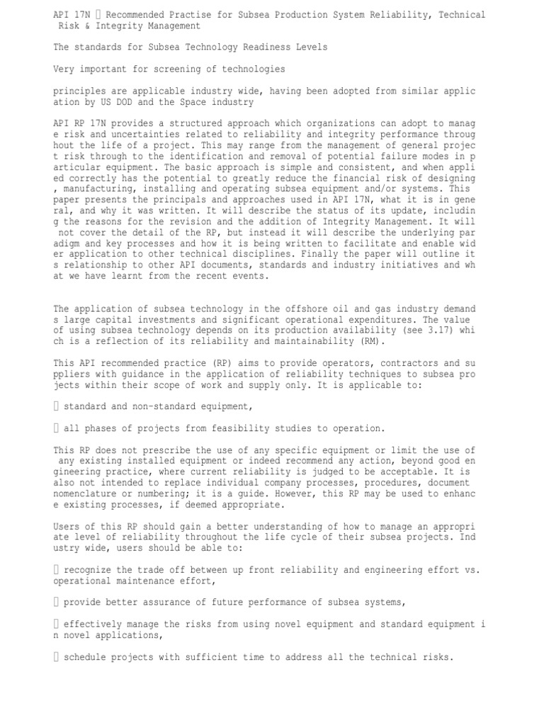 API 17N - Subsea Production Tech | PDF | Subsea (Technology ...