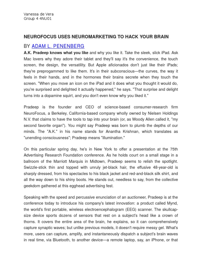 Adam L. Penenberg: Neurofocus Uses Neuromarketing To Hack Your Brain | PDF | Memory | Attention