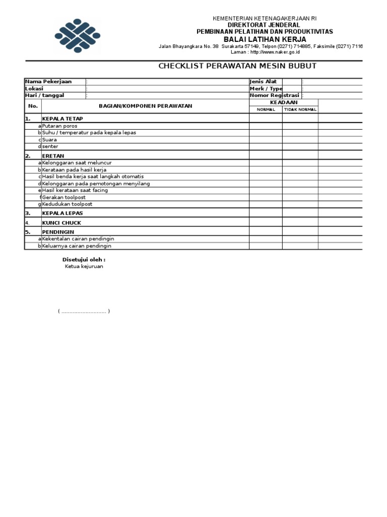 Checklist Perawatan Mesin Bubut | PDF