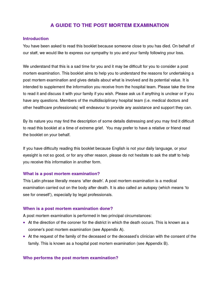 A Guide To The Post Mortem Examination Model Information Booklet | PDF | Autopsy | Coroner