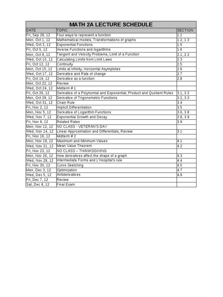 MATH 2A Lecture Schedule Overview | PDF