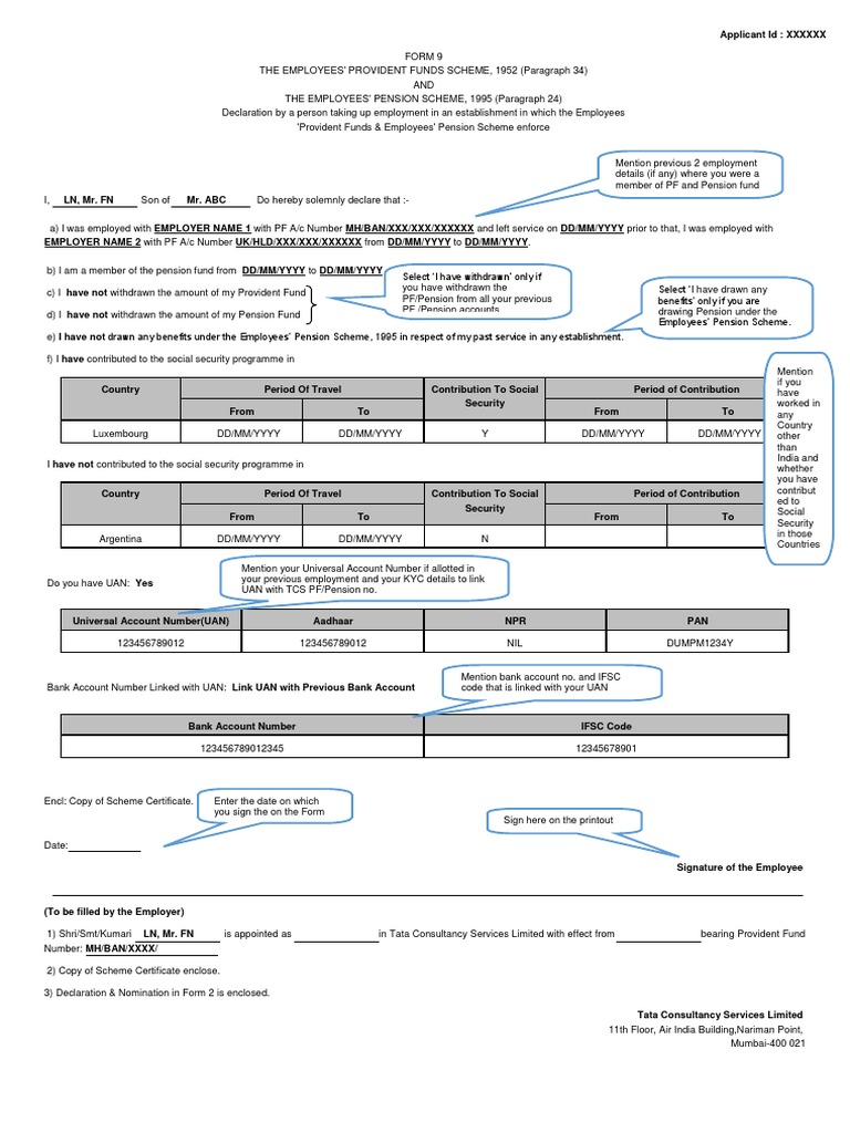 Declaration Form (Employee Pension Scheme)-Form 9 | Pension | Employment