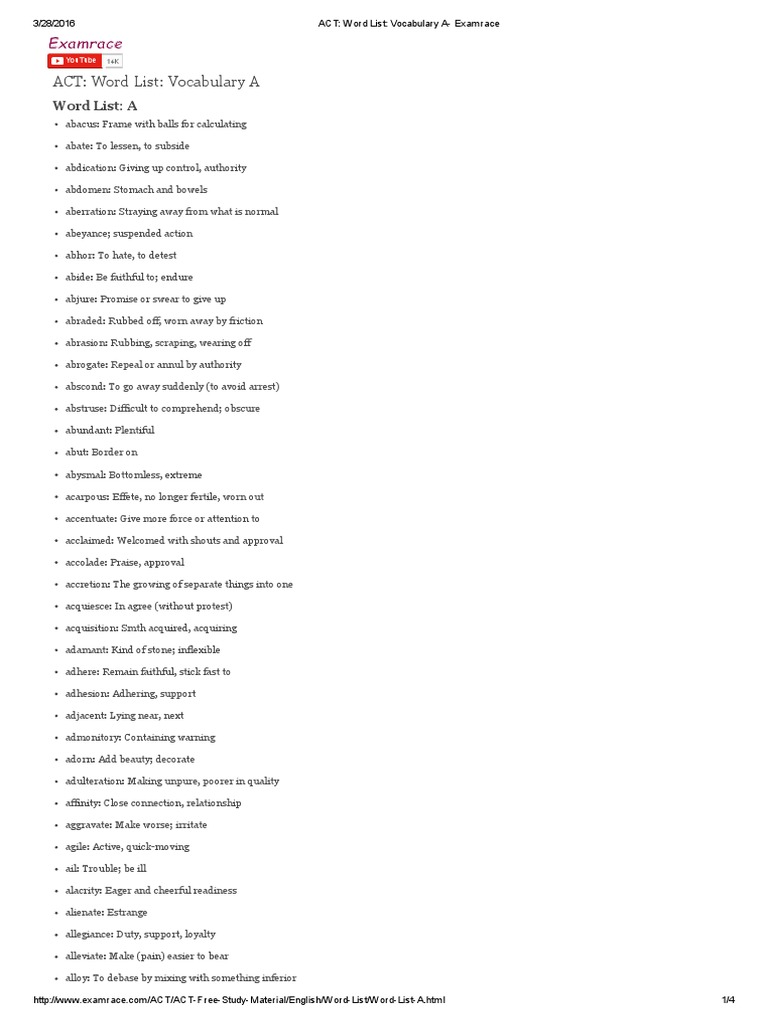 ACT Vocabulary Word List A | PDF | Religion And Belief
