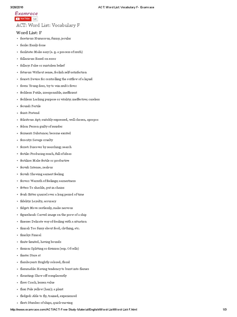 ACT - Word List - Vocabulary F - Examrace | PDF