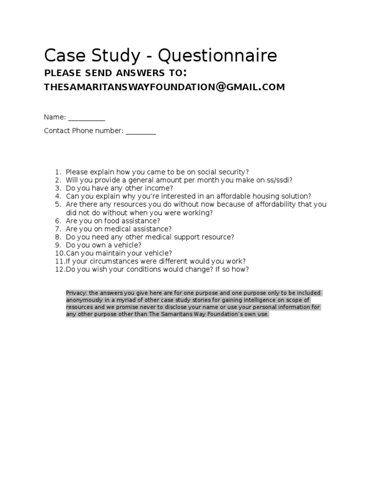 Case Study - Questionnaire: Please Send Answers TO ...