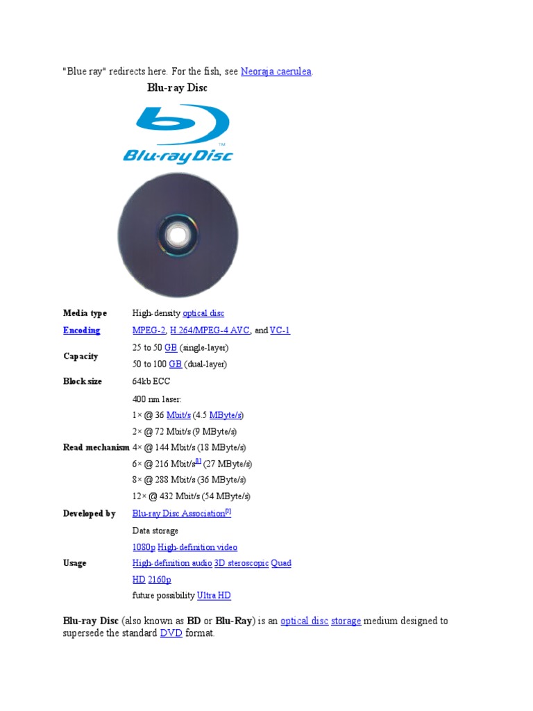 Blu-Ray Disc: "Blue Ray" Redirects Here. For The Fish, See | PDF | Blu Ray | Dvd