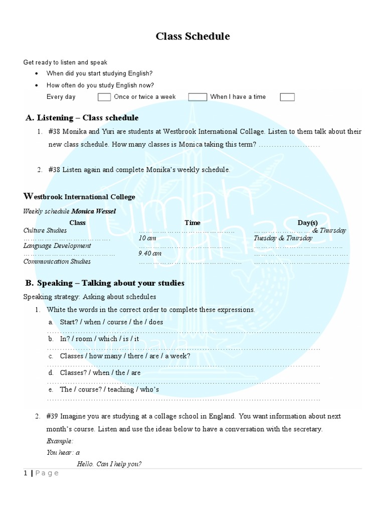 Class Schedule | PDF | Homework | Human Communication