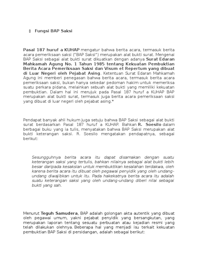 Kekuatan Pembuktian BAP Saksi | PDF