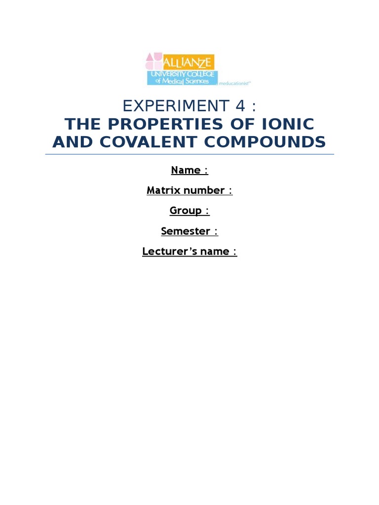 Experiment 5 Properties of Ionic and Covalent Compounds | PDF | Ion ...