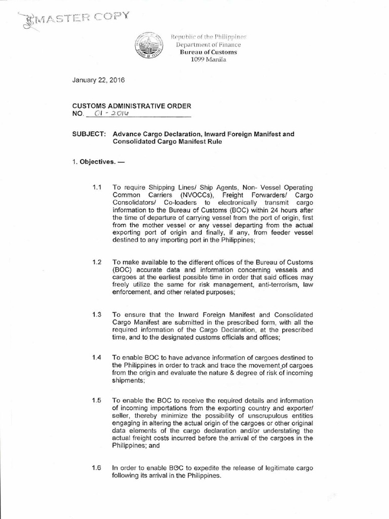BOC CAO 01-2016 Advance Cargo Declaration Inward Foreign Manifest ...