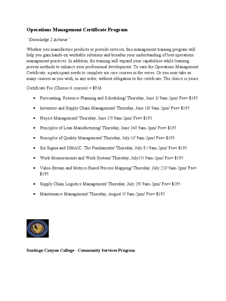 Operations Management Certificate Program | PDF | Business