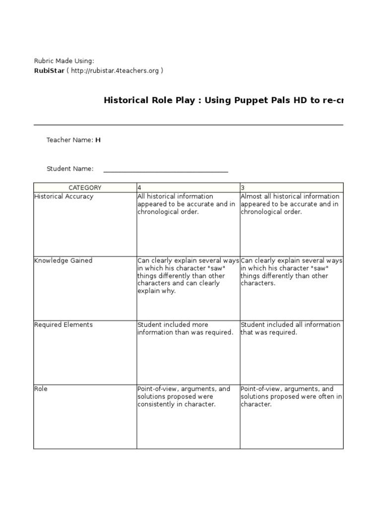 Historical Role Play Rubric | PDF | Language Arts & Discipline ...
