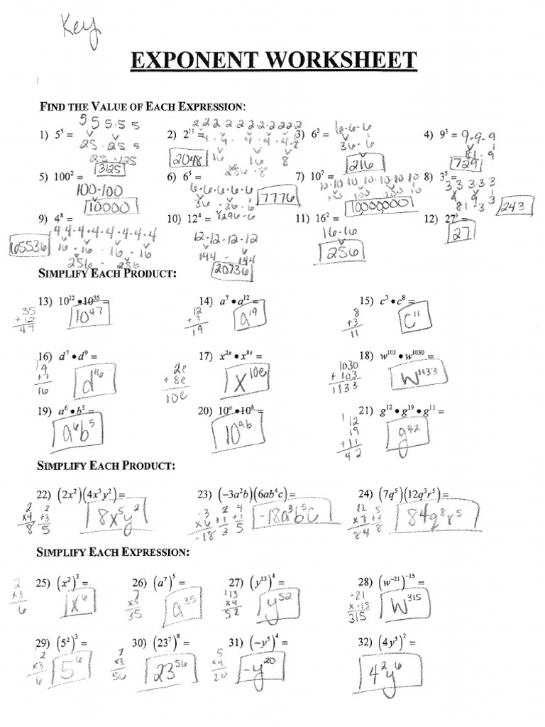 Exponent Worksheet Multipliction Answer Key | PDF