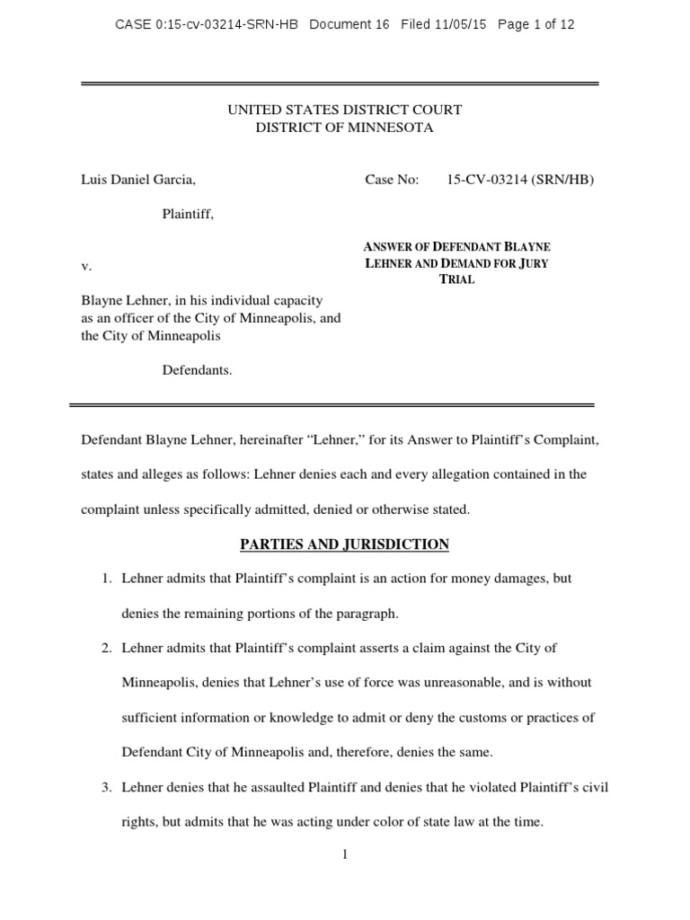 Lehner Answer Complaint | PDF | Plaintiff | Complaint