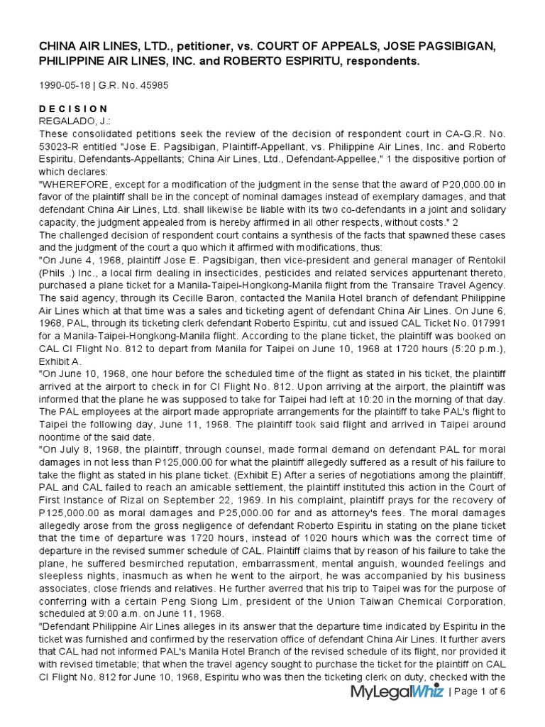 PAL Flight 812 Liability Case Summary | PDF | Negligence | Damages