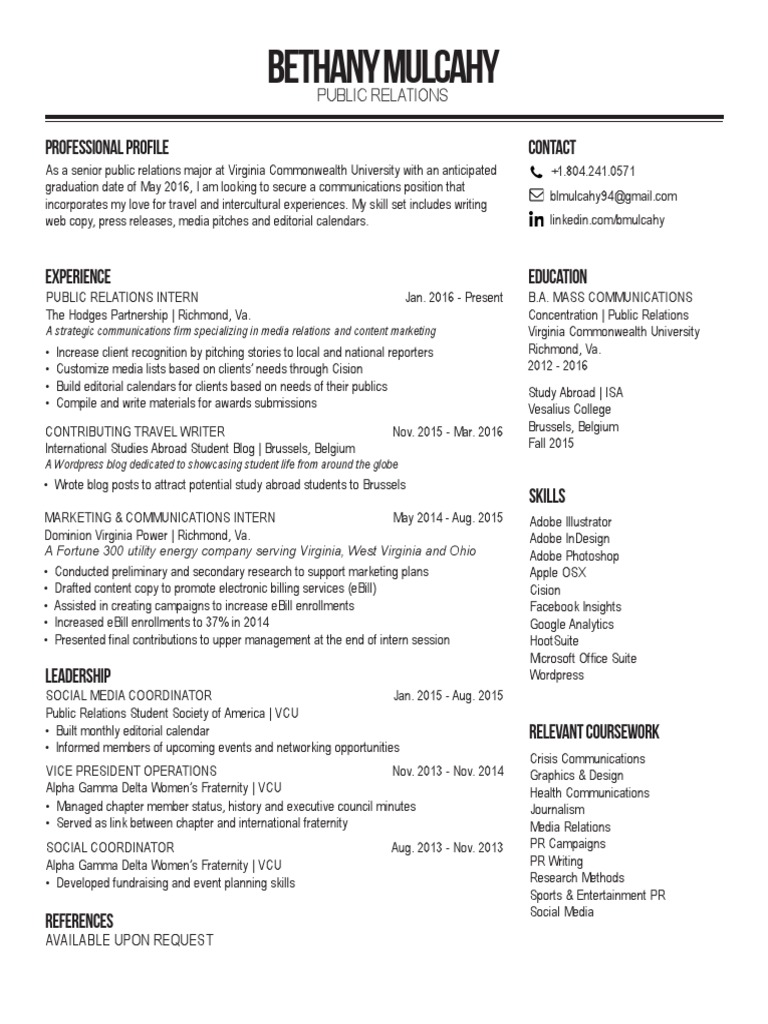 Bethany Mulcahy Resume 2016 | PDF | Public Relations | Mass Media