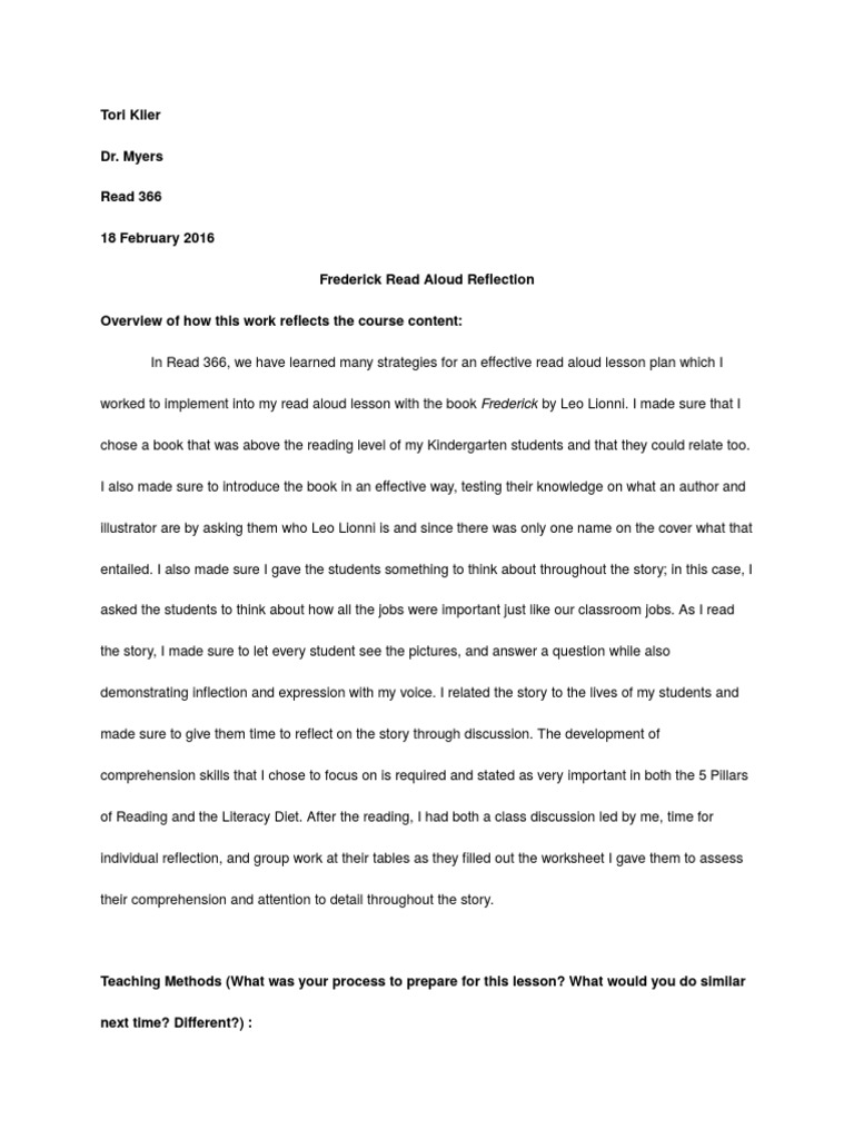 Read Aloud Frederick Reflection | PDF | Reading Comprehension | Pedagogy