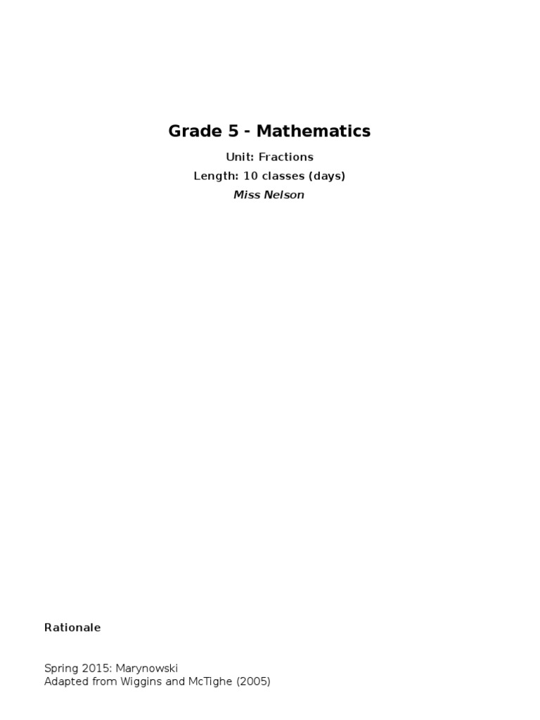 Unit Plan-Grade 5-Math Fractions 1 | PDF | Fraction (Mathematics ...