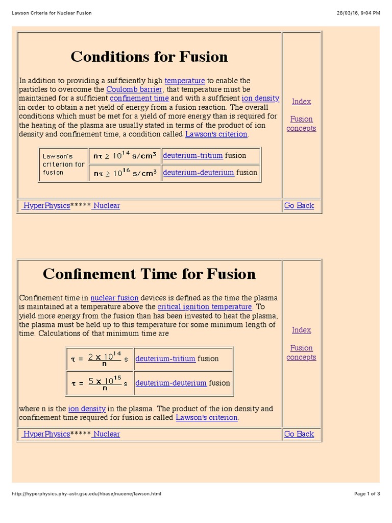 Lawson Criteria For Nuclear Fusion | PDF | Nuclear Fusion | Thermodynamics