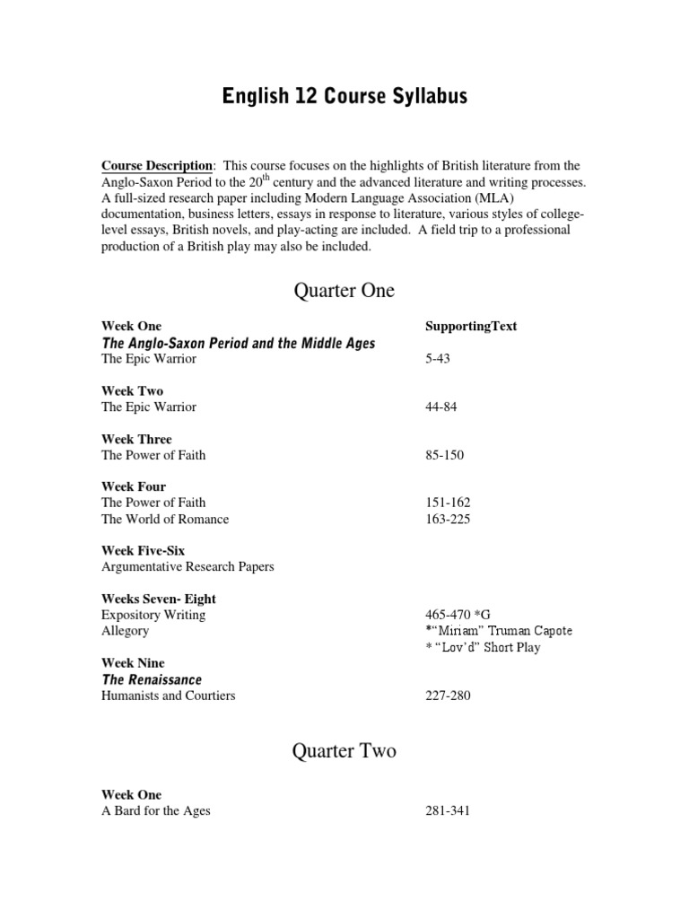 English 12 Course Syllabus New 2016 | PDF