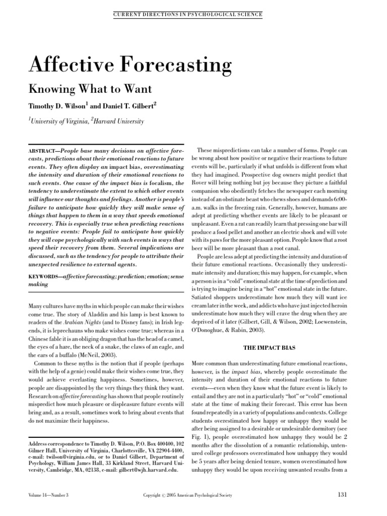 Affective Forecasting Knowing What To Want Pdf Emotions Epistemology
