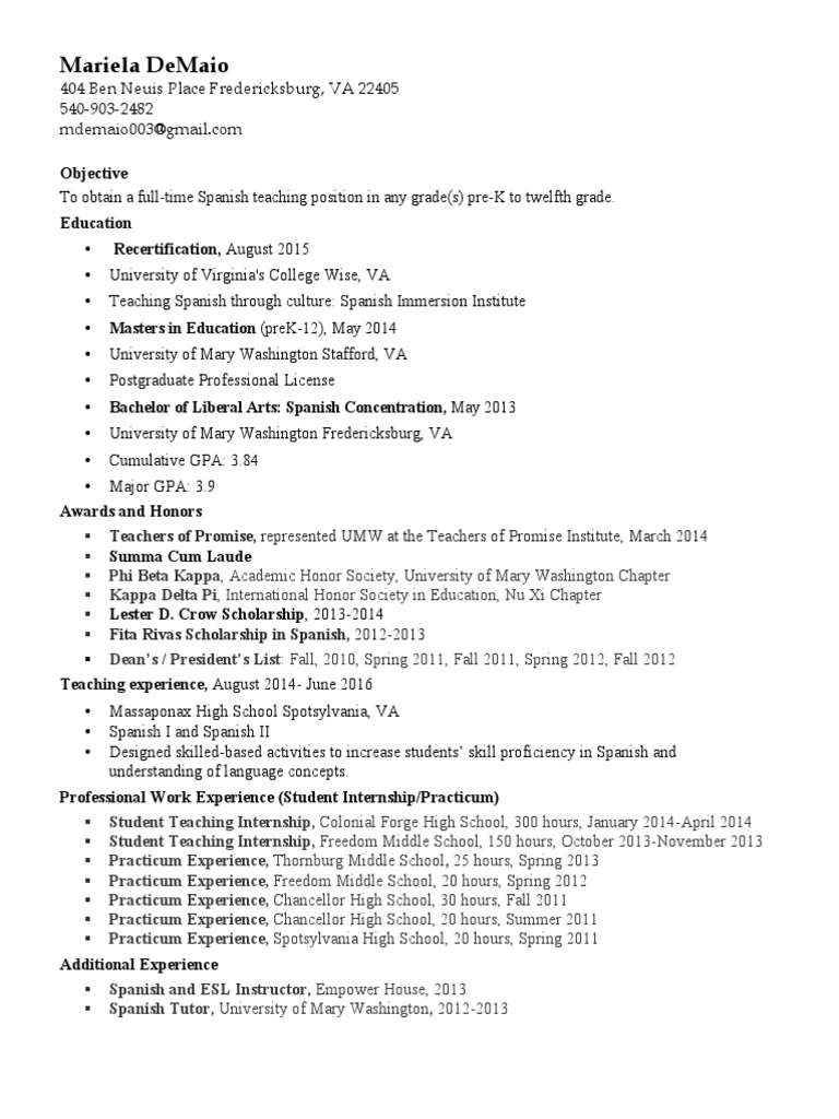 Spanish Teacher Resume for Mariela DeMaio | PDF | Language Arts ...