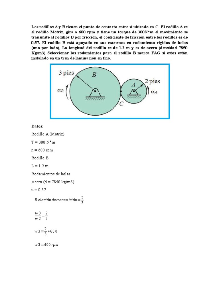 Rodillo A (Motriz) T 300 N M N 600 RPM Rodillo B L 1.2 M Rodamientos de ...