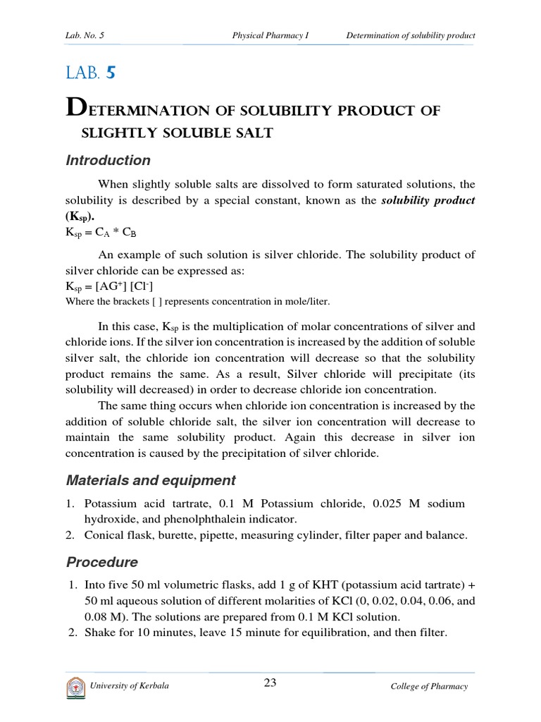 Lab. 5 Determination of Solubility Product | PDF | Chloride | Solubility