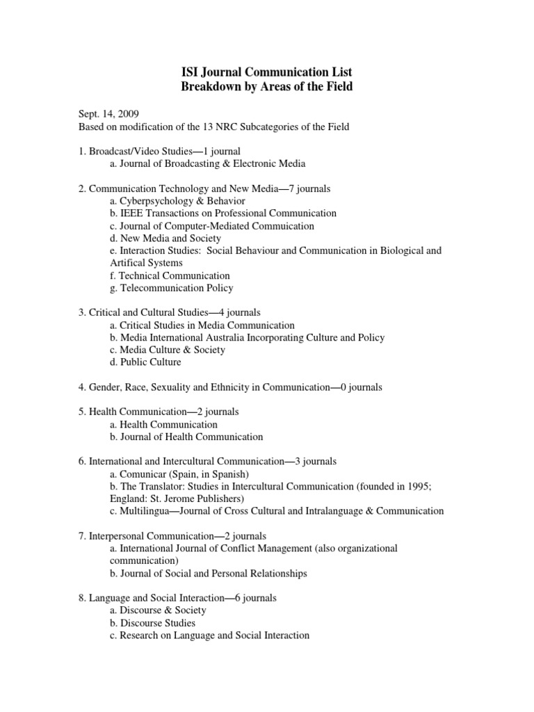 ISI Journal Communication List Breakdown by Areas of The Field ...