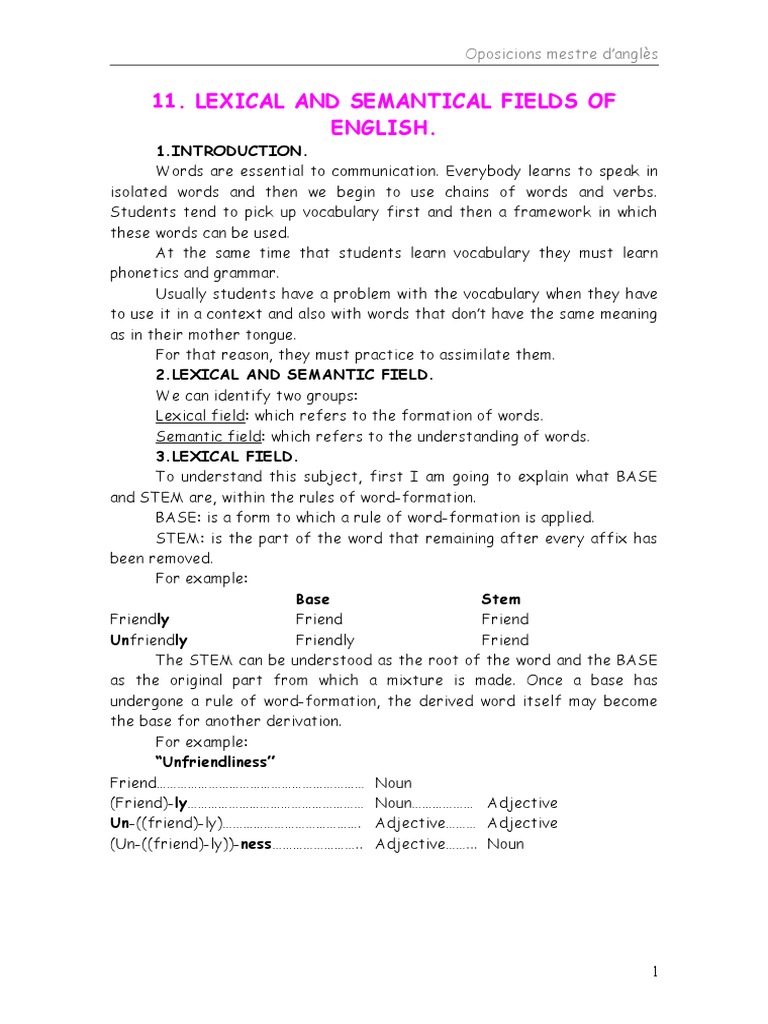 Lexical and Semantical Fields of English.: Oposicions Mestre D'anglès ...