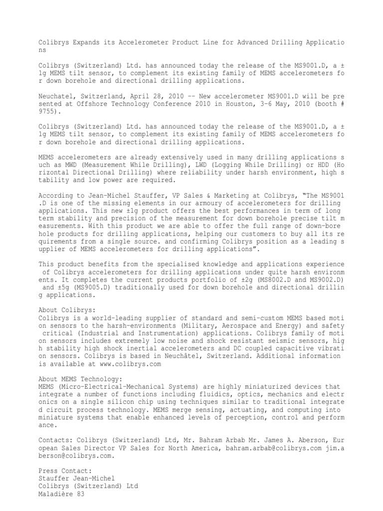 Colibrys Expands Its Accelerometer Product Line For Advanced Drilling ...